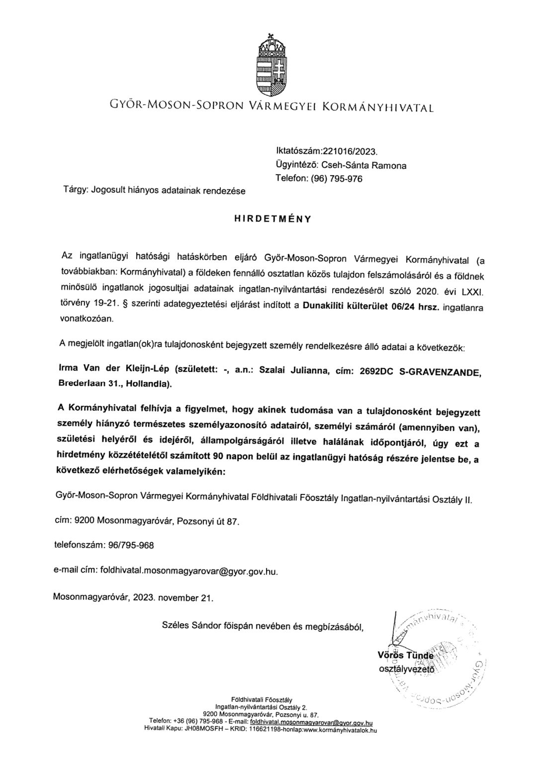 Földhivatali hirdetmény Dunakiliti külterület – Dunakiliti Község ...